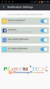 Enable-Disable UC notifications Facebook, Cricket, Search